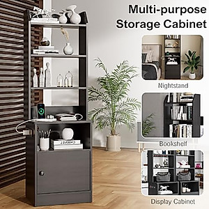 Aufvolr 6 Tier Bookshelf with Cabinet，Tall Night Stand with Charging Atation, Wood Book Shelf Storage Organizer, Modern Display Standing Shelf Unit for Bedroom, Living Room, Office (Black)