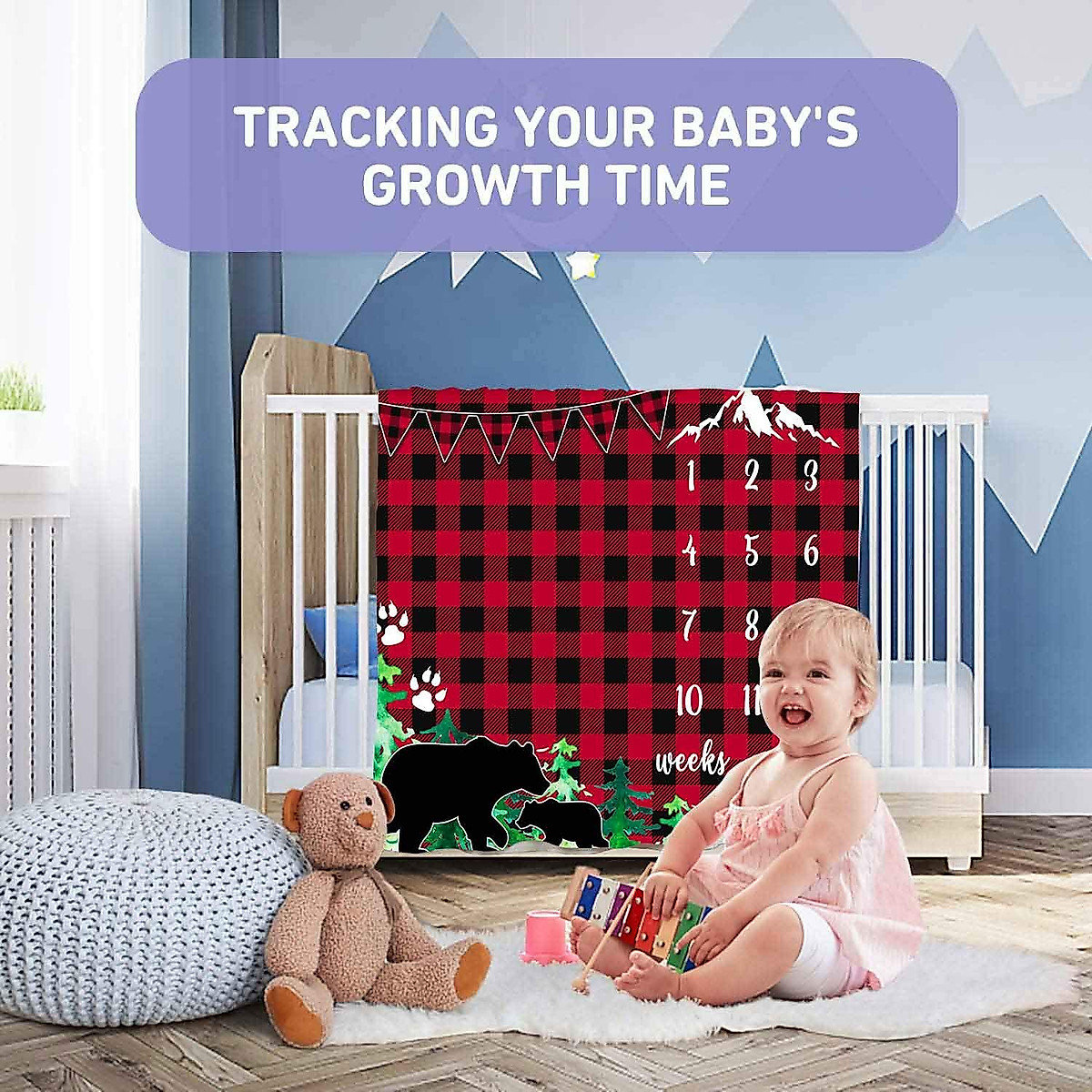 PHMOJEN Red Buffalo Plaid Milestone Blanket for Baby Boy, Rustic Hunter Theme Woodland Bear Age Blanket for Nursery, Lumberjack Baby Shower Backdrop, 1-12 Months, Includes Marks 40"x40" BTLSPH254