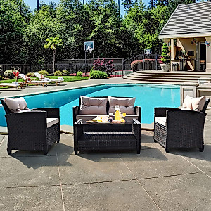 Tangkula 4-Piece Patio Furniture Set, Rattan Wicker Chair Set with 1 Loveseat, 2 Single Sofas, 1 Coffee Table with Tempered Glass Top, Outdoor Furniture Sets for Backyard, Porch, Garden and Poolside