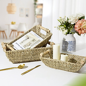 Kenvc Small Wicker Baskets, Seagrass Baskets Set of 3(11/''+13/''+15/''）,Wicker Baskets for Storage, Wicker Storage Basket, Seagrass Storage Baskets with Wooden Handles, Natural (Seagrass)