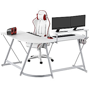 SHW Vista L-Shape Desk with Monitor Stand, White