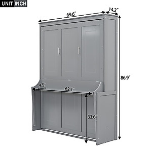 Queen Size Murphy Bed with a Shelf Queen Murphy Bed Cabinet Queen Murphy Bed Multi-Functional Platform Bed for Kids, Teens, Easy Assembly (Gray)