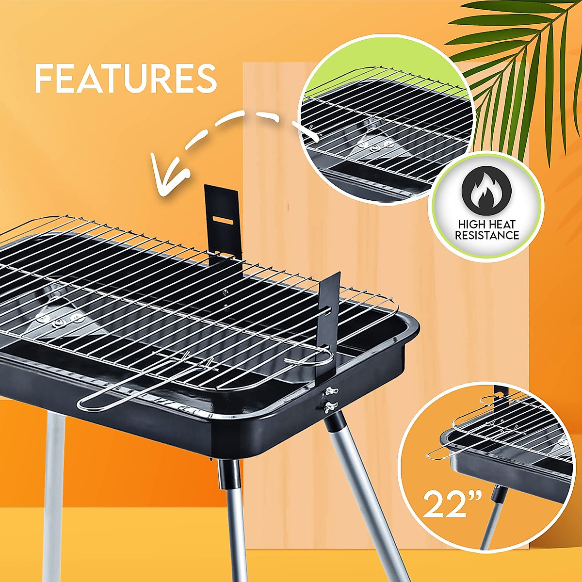 PAMI Portable BBQ Charcoal Standing Grill - 22” Rectangle Medium Grill For Courtyard, Backyard Patio, Camping, Tailgating & Picnics- Lightweight Metal Outdoor Cooking Grill For Steaks, Veggies & More