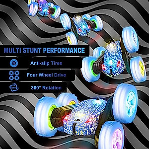 Remote Control Car, OrrenteRemote RC Cars with Headlights and Wheel Lights, 4WD 2.4Ghz Double Sided 360° Rotating RC Truck for 6 Year Old Boy Gifts Stunt RC Car Kids Xmas Toy Cars for Boys Girls(Blue)