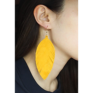 Large Genuine Soft Leather Handmade Fringe Feather Lightweight Tear Drop Dangle Color Earrings for Women Fashion (Red)