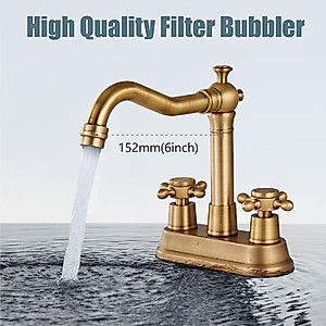 Aolemi Antique Brass 4 Inch Centerset Deck Mounted Bathroom Sink Faucet Vintage with 2 Cross Handles RV Mixer Tap Basin Vanity Lavatory Utility for Sink 3 Hole Include Water Hose & Pop Up Drain