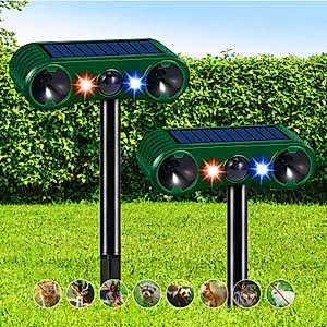 2 Pcs Solar Ultrasonic Animal Repellent, 2024 Nocturnal Animal Deterrent with Motion Detection Siren Red Blue LED Predator Light for Cat Coyote Deer Dog Bird Squirrel Skunk for Yard Lawn Chicken Coop
