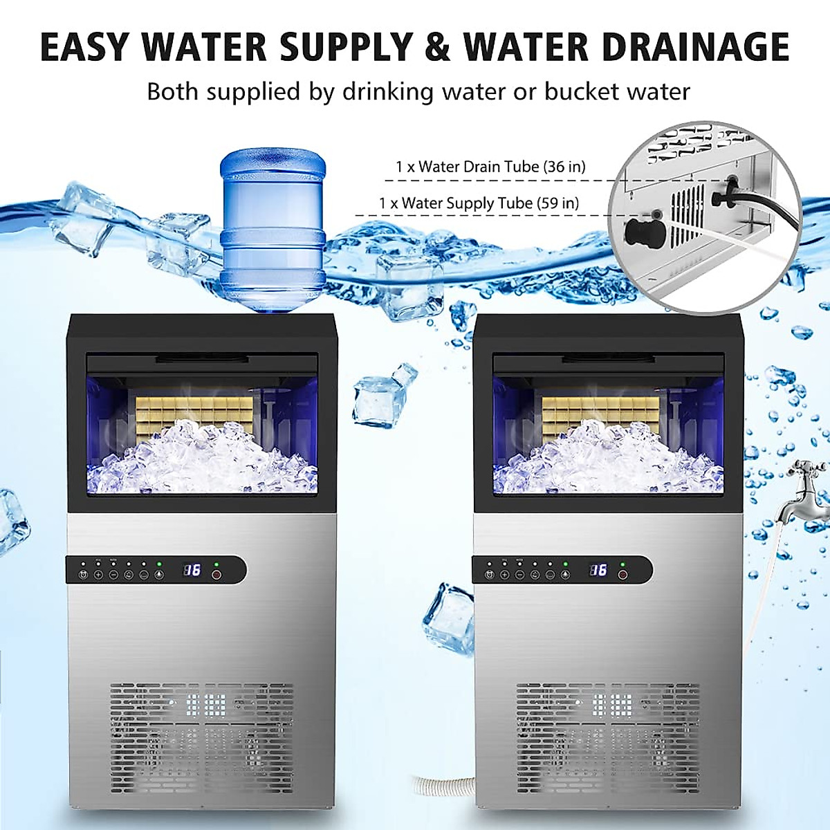 LifePlus Commercial Ice Maker Machine 100Lbs/24H, Stainless Steel Under Counter ice Machine with Large Storage Bin, 2 Way Water Supply, Freestanding for Home Party Shop Office Bar