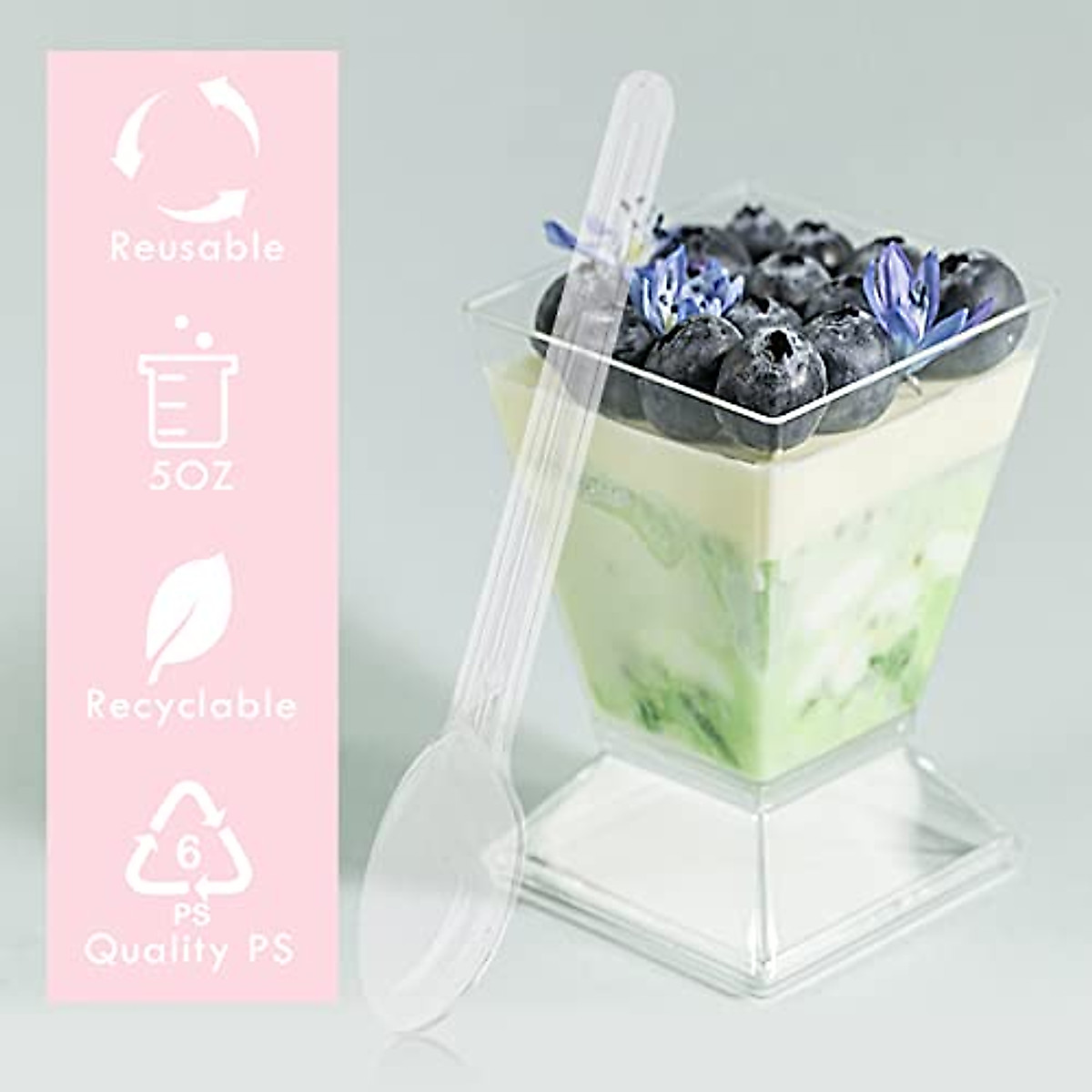 Wiaregom 50Pack 5oz Square Plastic Dessert Cups with Lids and Spoons,Clear Parfait Appetizer Cups for Tasting Party Desserts Fruit Parfait Baby Shower Party