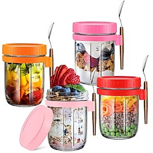 Sieral 4 Set Overnight Oats Containers with Lid and Spoon Overnight Oats Jars 12oz Glass Airtight with Measurement for Cereal Yogurt Milk (Multicolor)