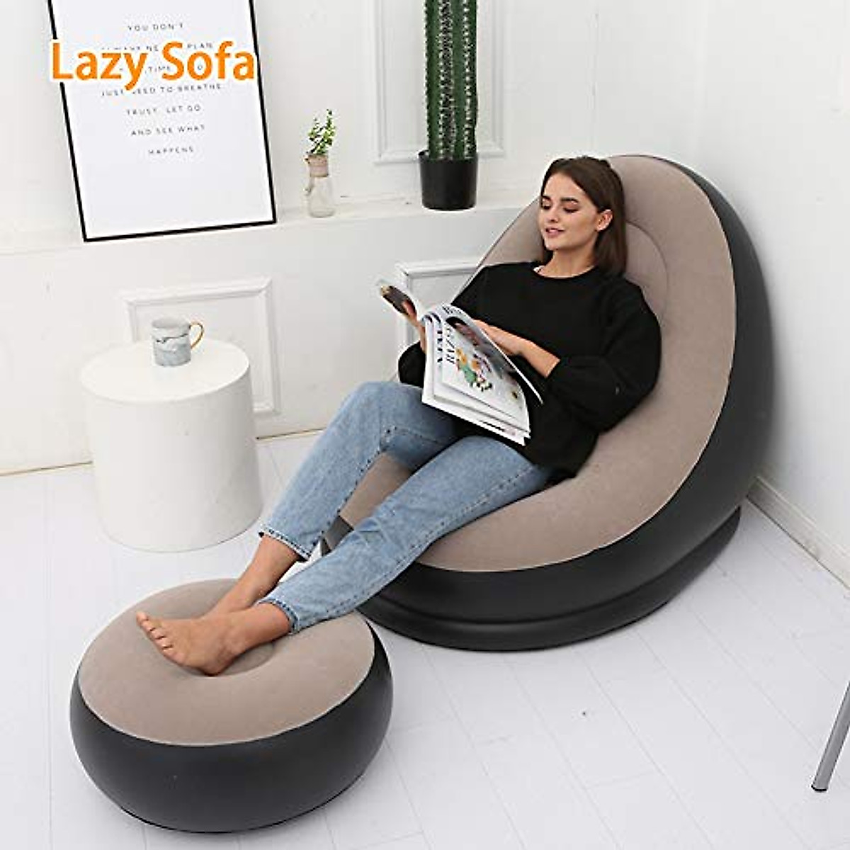 Inflatable Lounge Chair for Adults, Folding Portable Lazy Sofa with Foot Stool Lazy Flocking Recliner Chair Air Couch Sofa for Indoor Livingroom Gaming Bedroom Office Balcony, Outdoor Travel Camping