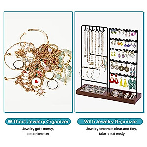 Vtopmart Jewelry Holder Organizer Stand Tree for Earring Necklace Ring Bracelets Display and Storage, with 90 Holes, 12 Hooks, Ring Tray, Black+ Walnut