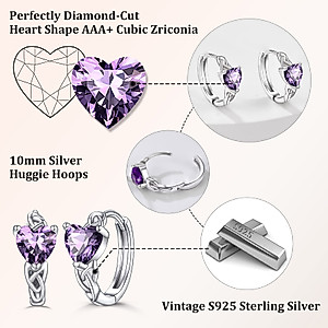 Bestyle Silver Hoop Earrings CZ Created Heart Diamond Hoops | Classic Silver February Amethyst Birthstone Earrings for Women, Great Birthday Gift for Daughter/Wife/Mom/Grandma