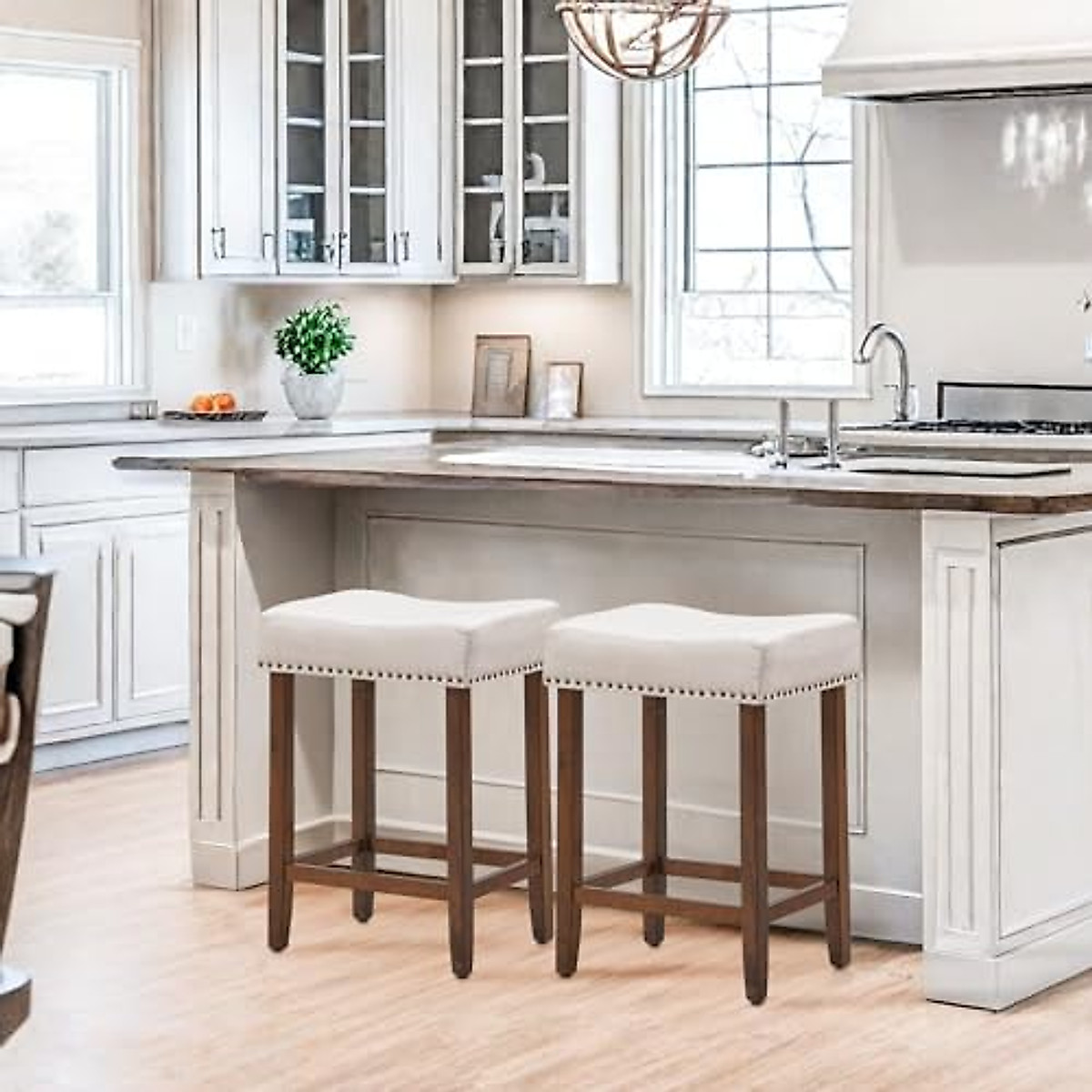 ERGOMASTER Counter Height Bar Stools Set of 2 Backless Fabric Barstools 24-Inch Modern Wood Saddle Bar Stools with Nailhead Trim for Kitchen Island Counter Tabel - Beige/Brown,2-Pack