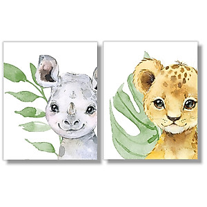 Baby Safari Animals Wall Art Prints - Nursery Decor - Set of 6-8x10 - Jungle Animal Pictures - Unframed - Watercolor