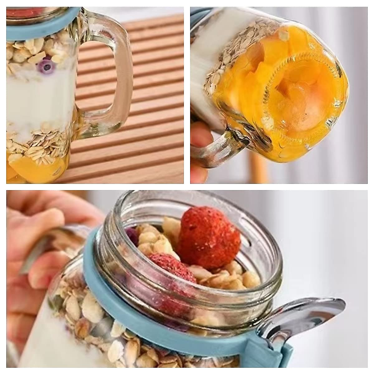 Overnight Oat Containers with Lids and Spoon and Handle, 2 Pack, Large Glass Overnight Oats Jars Reusable Airtight 16 oz Mason Jars for Cereal Yogurt