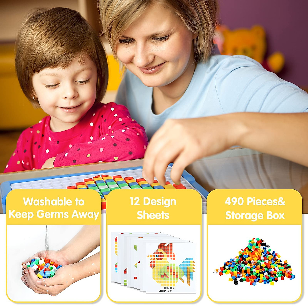 ZOZOPLAY Kids Toys Mosaic Puzzle,490Pcs Building Blocks,Educational Toys with 6 Assembly Drawing,STEM Toys for 4+ Year Old(Small Cube)