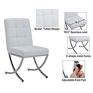 CIMOTA Modern White Dining Chairs Set of 6 Upholstered Tufted Leather Dining Room Chairs Kitchen Chairs Comfy Armless Side Chairs with Chrome Metal X Legs for Dining Room/Living Room, PU White/6PCS