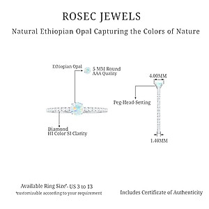 Rosec Jewels Certified Natural Opal Promise Ring, AAA Quality, Opal Diamond Pinky Ring For Women (Ready to Gift), 14K White Gold, Size:US 5.00