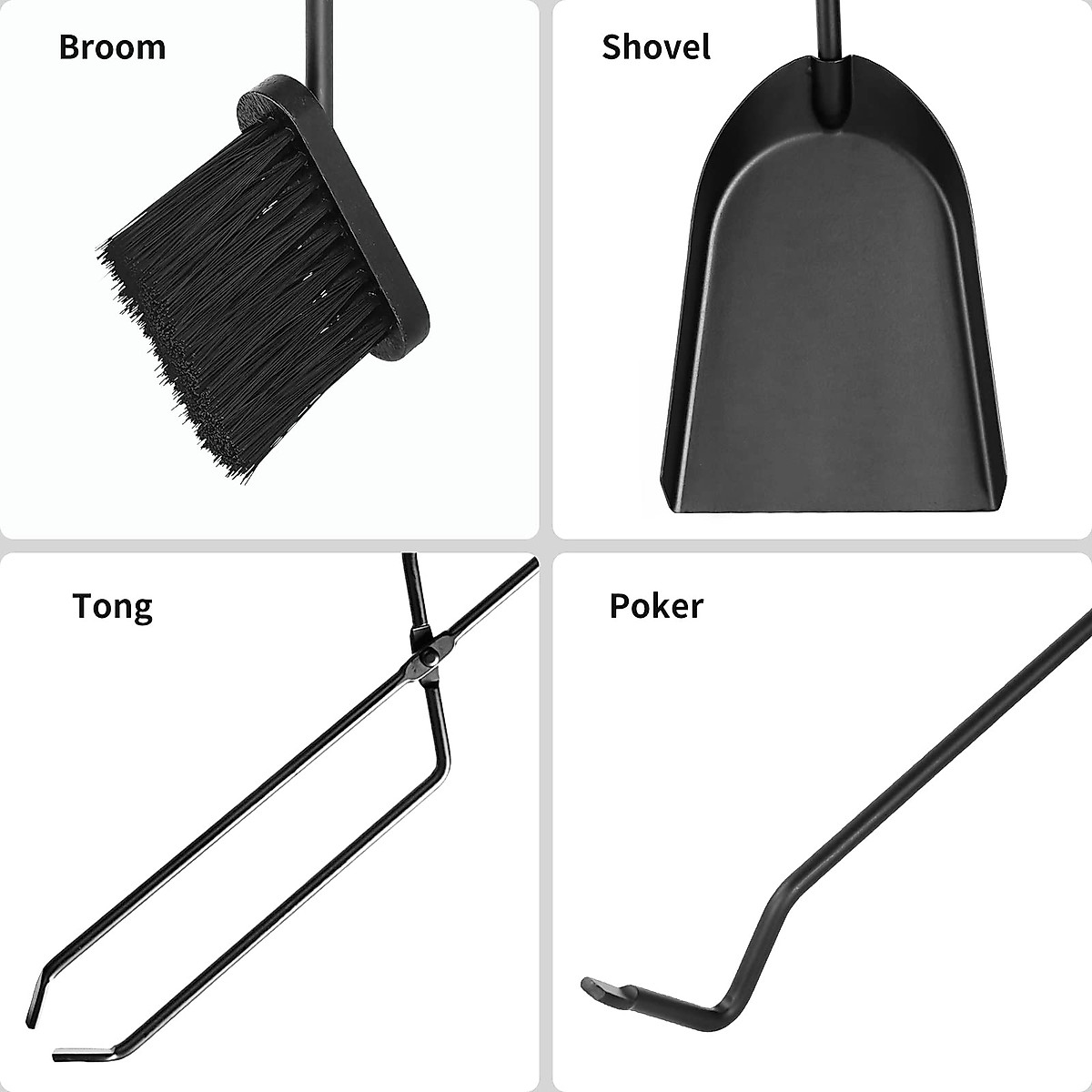 Firesrc 5Pcs Fireplace Tools Set Black Handle Wrought Iron and Holder Outdoor Fireset Fire Pit Stand Indoor Rustic Tongs Shovel Antique Brush Chimney Poker Wood Accessories Kit