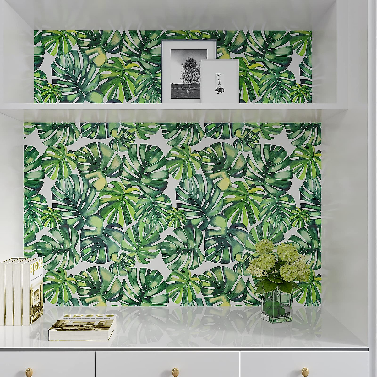 CHIHUT Green Leaf Peel and Stick Wallpaper 17.7''x236'' Green Tropical Botanical Palm Leaf Wallpaper Mural Self Adhesive Removable Wall Paper Vinyl Leaves Contact Paper for Wall Cabinets Nursery Decor