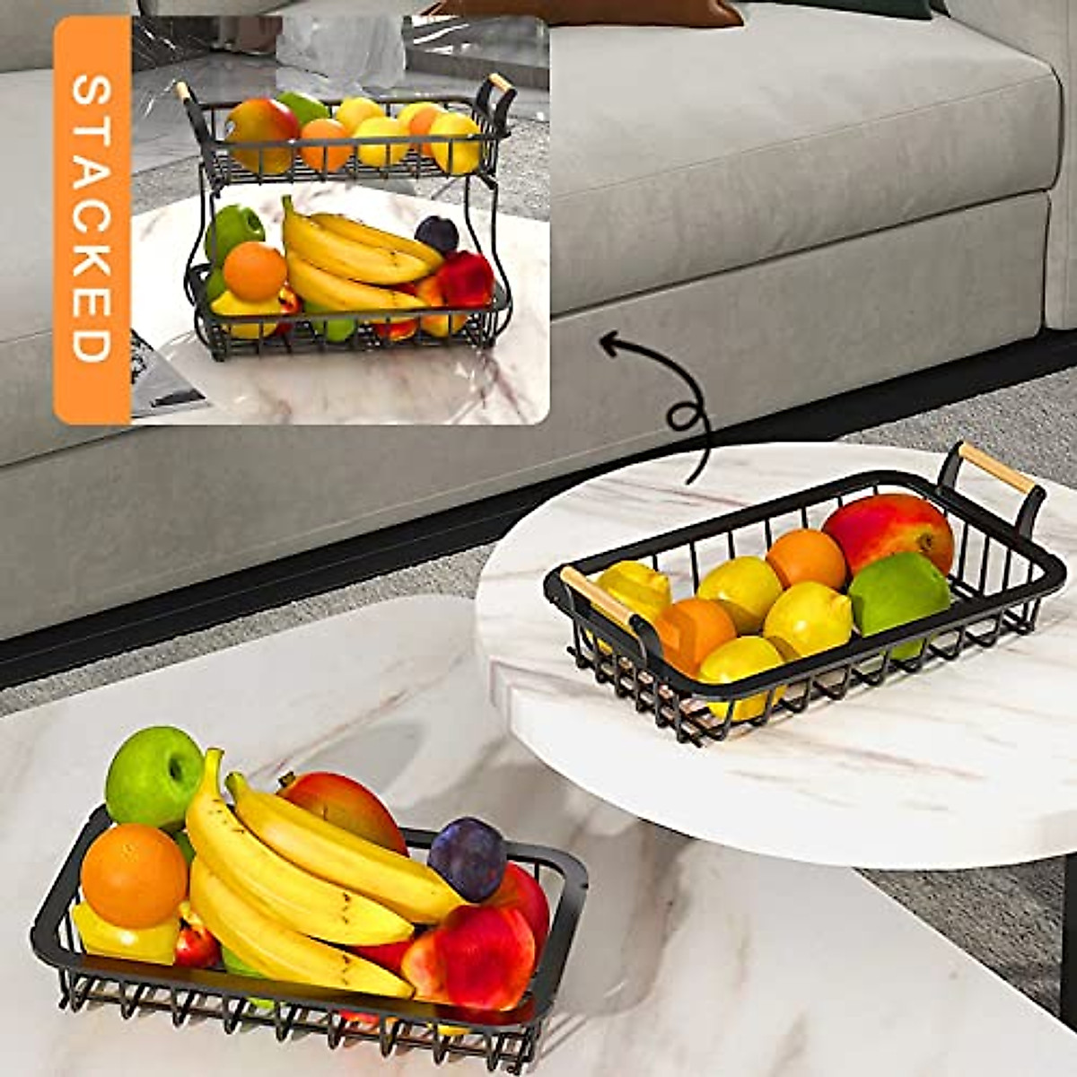 2 Tier Fruit Storage Basket Countertop for Kitchen, Bread Vegetable Farmhouse Fruit Basket Bowl Stand Detachable Metal Wire Basket with Wooden Handle for Kitchen, Reception, Dining Table（Black）