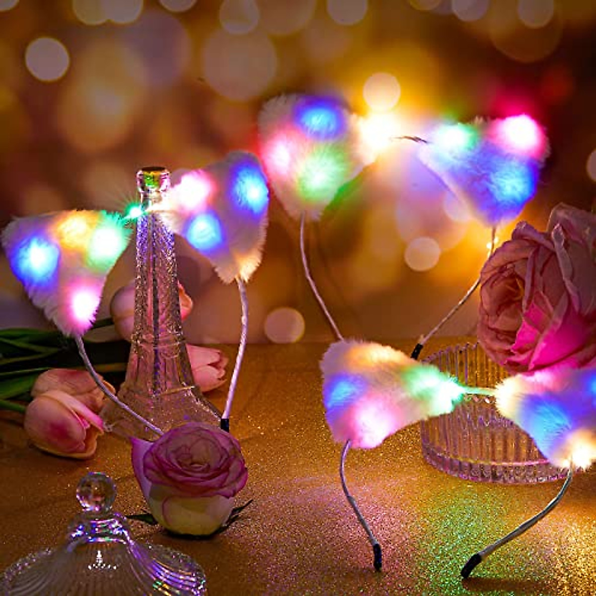 Juexica 4 Pieces Halloween Light up Furry Kitty Headband Cat Ears Cute LED Glow Party Hair Accessories Supplies for Women (Multicolor)