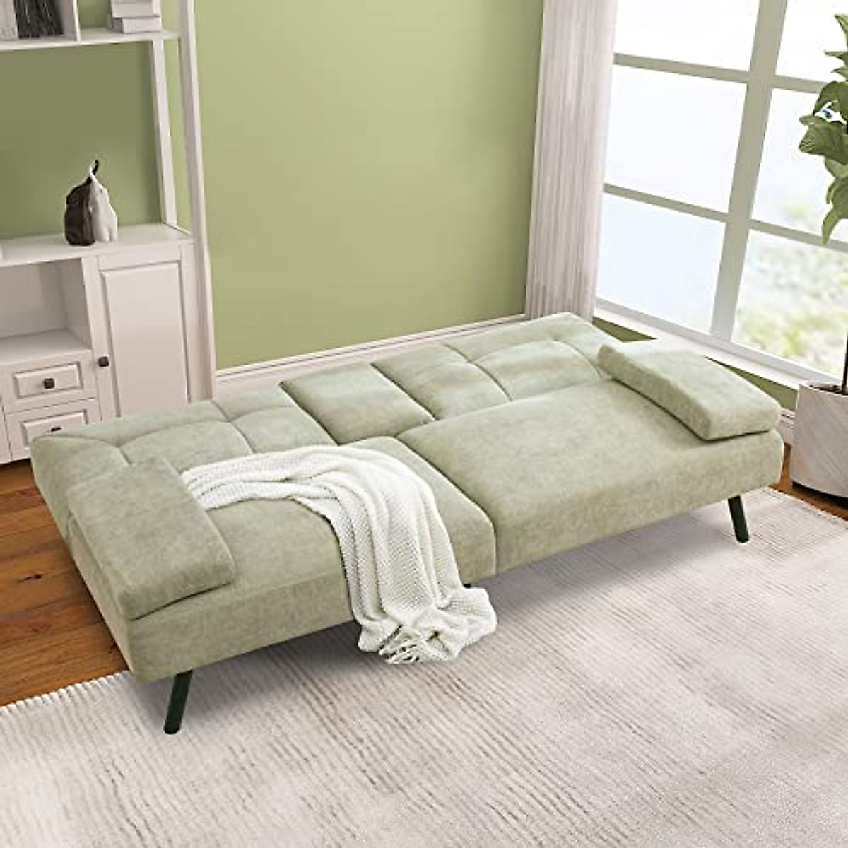 Opoiar Futon Sofa Bed, Modern Convertible Armrests Sleeper Couch with 2 Cup Holders,Loveseats Couch for Compact Space,Studio,Apartment,Office,Living Room,Bed Room,Sage Grey (800LBS)