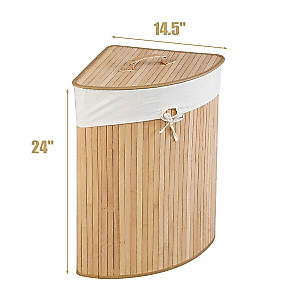 Giantex Corner Laundry Hamper with Lid, Bamboo Laundry Basket with Removable Liner and Handle, Clothes Basket for Cloth Organize, Clothes Storage Bin for Bedroom, Laundry, Living Room (Beige)