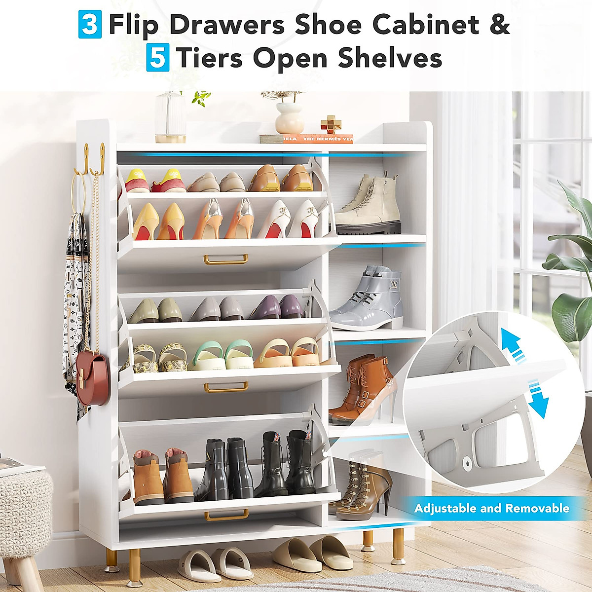 Tribesigns Shoe Cabinet, Flip Drawers Shoe Storage Cabinet for Entryway with 3 Flip Drawers and 5 Shelves, White Golden Freestanding Shoes Cabinet for Closet, Living Room, Bedroom (White/Golden)