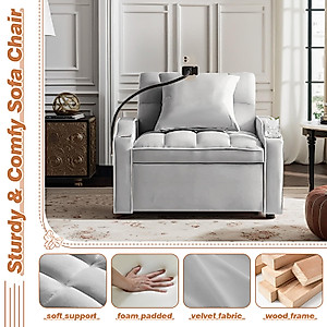 Sleeper Sofa Chair Bed with Charging Ports & Phone Holder & Cup Holder, Modern Velvet 3 in 1 Convertible Pull Out Sofa Bed, Single Chair Bed for Small Spaces Apartment, Grey