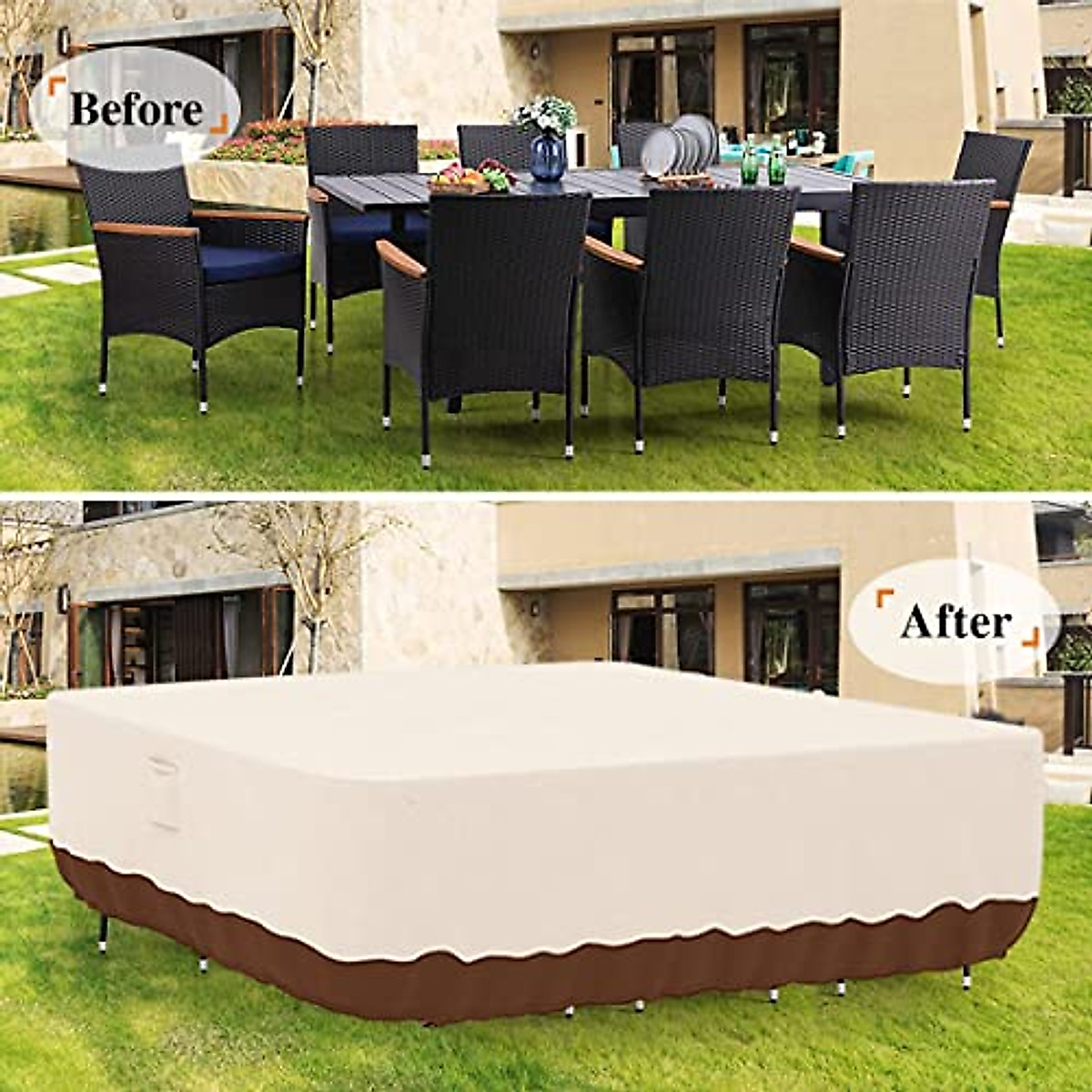 Tuyeho Patio Furniture Set Cover 124 x 84 x 28 inch, Heavy Duty Oxford Fabric Outdoor Dining Set Cover, Waterproof & Weather Resistant, for Your Outdoor Rectangular Table and Chairs (Beige & Brown)