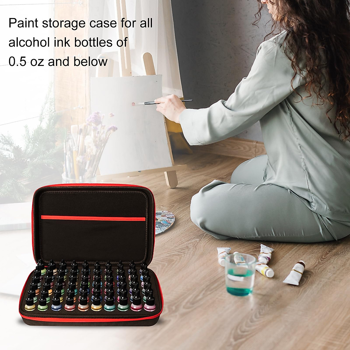 ZORETCO Alcohol Ink Storage Case，60 Bottles Miniature Paint Organizer with Foam Bases and Inner Storage Pocket (Ink not Included)