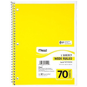 Mead Spiral Notebook, 1 Subject, 70 Wide Ruled Sheets, Assorted Colors, 12 Pack