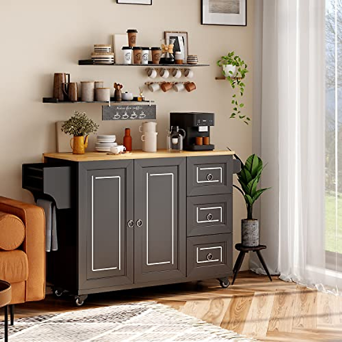 Qsun Kitchen Island with Storage on Wheels with Drop Leaf, Kitchen Island Cart with Rubber Wood Top, Large Storage Cabinet, Three Large Drawers, Side Towel Rack and Spice Rack (Black)