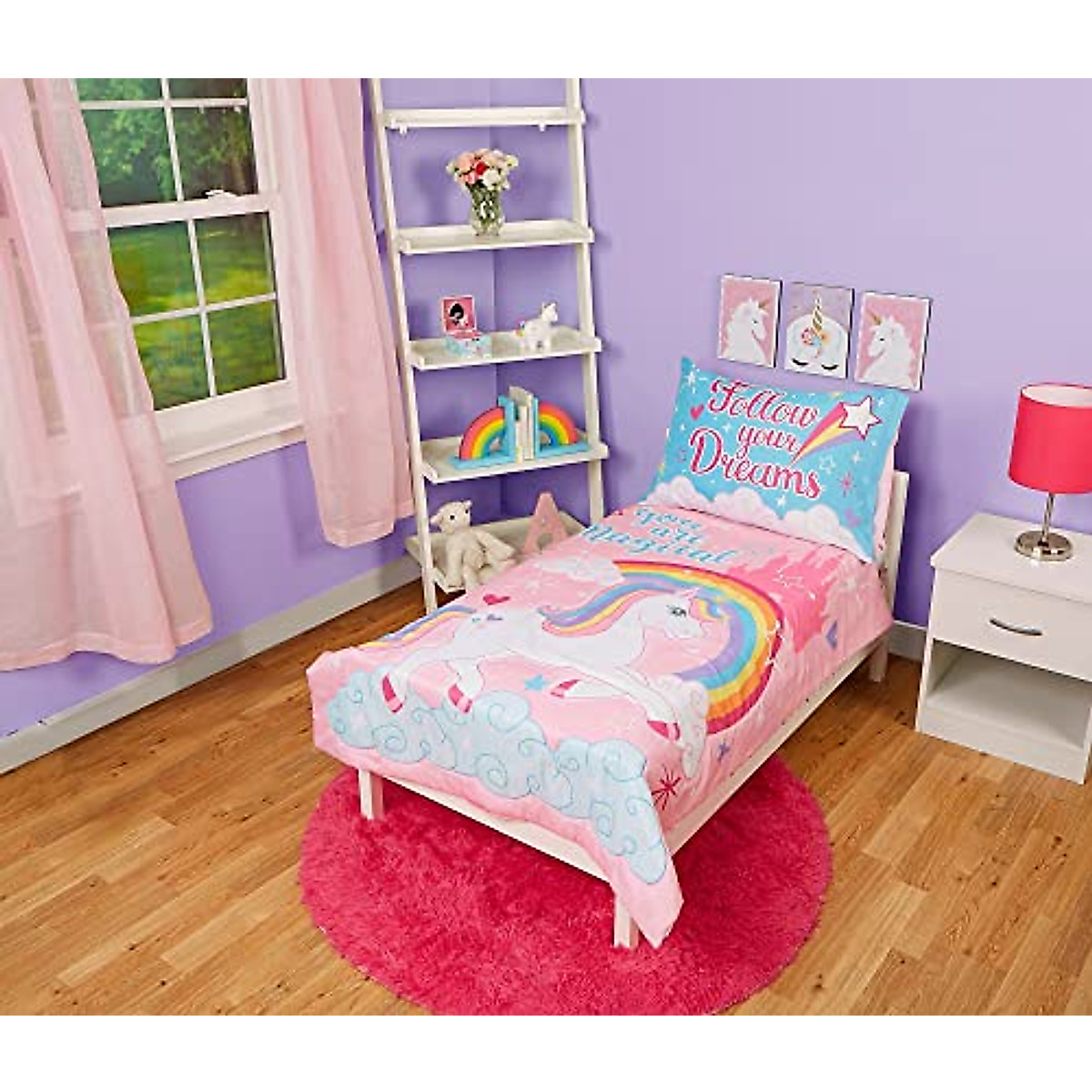 Baby Boom Funhouse Unicorn Love 4 Piece Toddler Bedding Set – Includes Comforter, Sheet Set – Fitted + Top Sheet + Reversible Pillowcase for Girls Bed, Pink