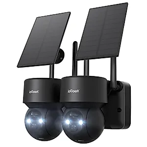 ieGeek Security Cameras Wireless Outdoor - 2 Pack 2K WiFi Solar Camera System with 360°PTZ for Home Outside Surveillance, Battery Powered Cam Works with Alexa, 3MP Color Night Vision, 2-Way Audio, AI
