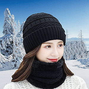 Ski Winter Hat Scarf Gloves Set for Men, Knit Beanie Hat,Neck Warmer Scarf,Warmer Touch Screen Gloves and Earmuffs Ear Warmer for Men Women Outdoor (Black)