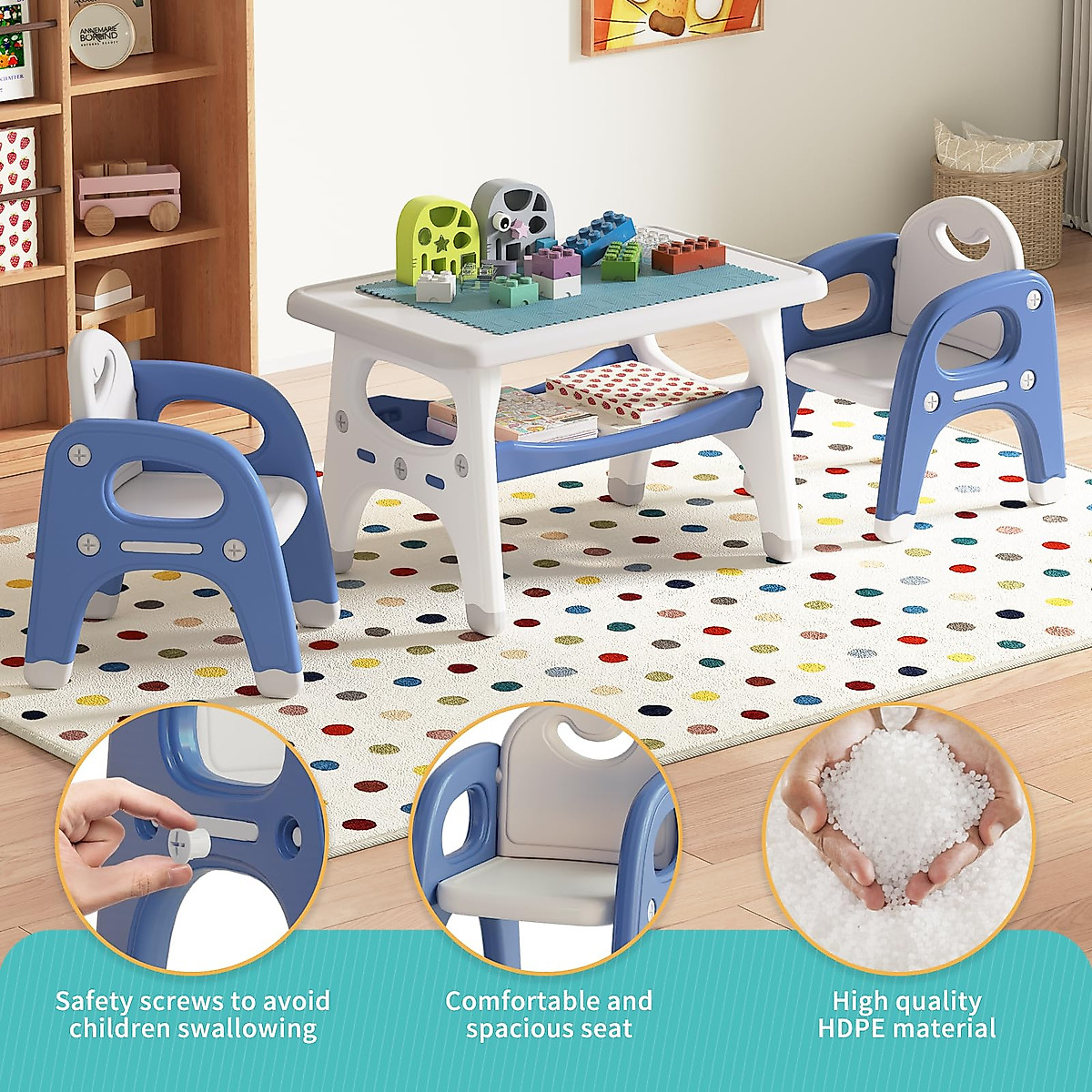 Toddler Table and Chair Set, Kids Table and Chairs with Storage Space and 2 Chairs, Toddler Chair and Table Set for 1-6, Toddler Table and Chairs for Playroom, Bedroom, Kindergarten, Nursery (Blue)