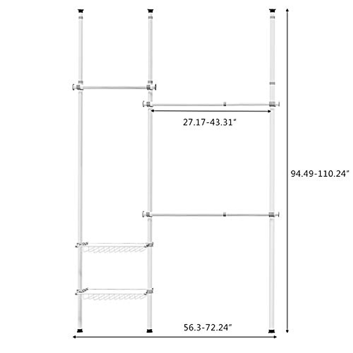 Tangkula Double 2 Tier Adjustable Closet System, Floor to Ceiling Clothes Hanger with 2 Storage Baskets & Inner Spring, Clothing Garment Rack Telescopic Closet Organizer for Living Room, Bedroom