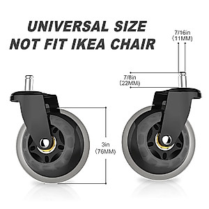 Office Chair Caster Wheels,Heavy Duty Office Chair casters for Chairs to Replace Chair mats ，3"Replacement Chair Casters with 7/16" x 7/8" Stem,Universal fit（Single-Black）