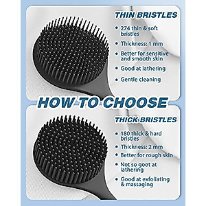 Manmihealth Silicone Back Scrubber(Thin Bristles) & Soft Bath Glove Set, Super-Cleaning Body Scrubber & Super-Lathering Shower Brush Combination, with a Free Hook. (Black)