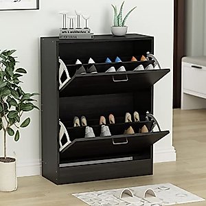 FUFU&GAGA Shoe Cabinet with 2 Flip Drawers for Entryway, Modern Storage Cabinet, Freestanding Rack Organizer (23.6”W x 9.4”D 31.4”H)(Black)