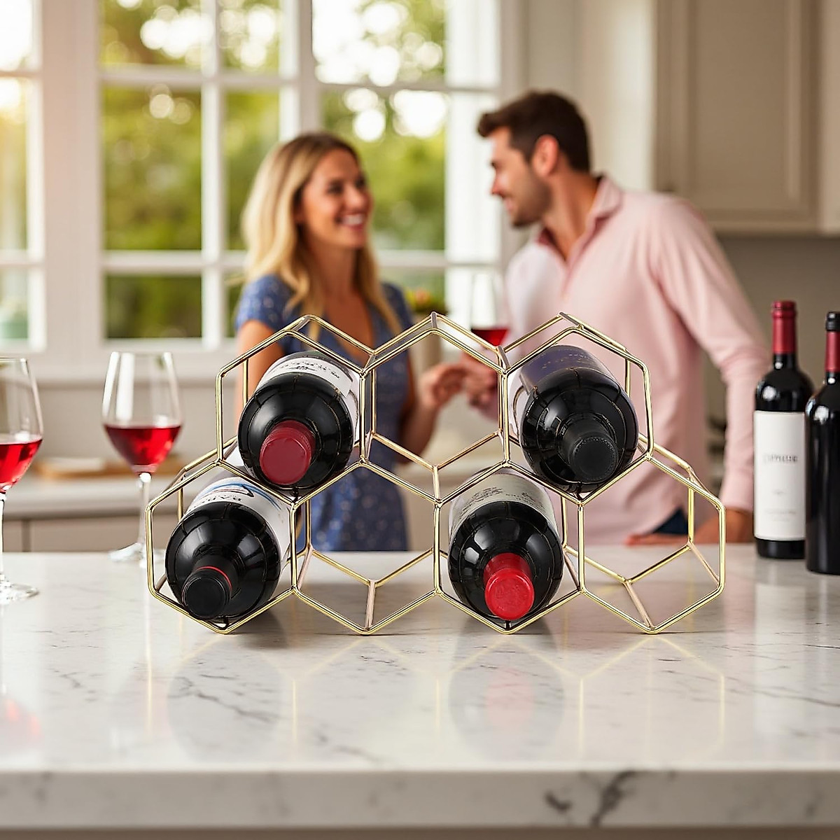 9 Bottles Metal Wine Rack, Countertop Free-Stand Wine Storage Holder, Space Saver Protector for Red & White Wines - Gold