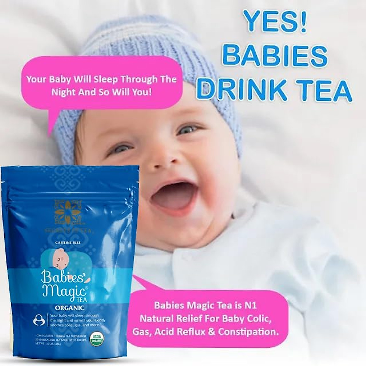 Secrets of Tea Baby Colic Babies' Magic Tea – Organic, Natural, Safe – Calming & Soothing Relief for Baby Acid Reflux, Gas, Colic – Your Baby Will Sleep Thru The Night Guaranteed–100 Count(5 Pack)