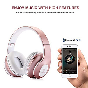 Bluetooth Over Ear Headphones,KINGCOO Wireless Headphones V5.0 with Microphone, Foldable & Lightweight Headset, Support Tf Card MP3 Mode and Fm Radio for Cellphones Laptop TV (Rose Gold)