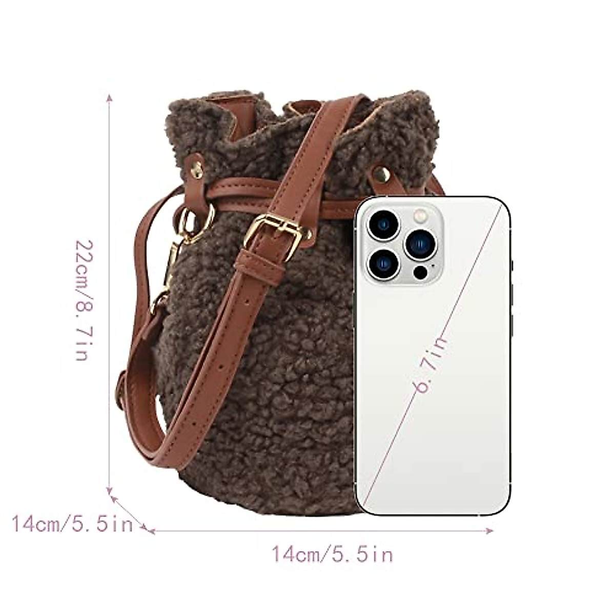 Aisi Women Girls Faux Fur Shoulder Bag Barrel Shape Drawstring Satchel Purse Faux Lamb Wool Crossbody Bag