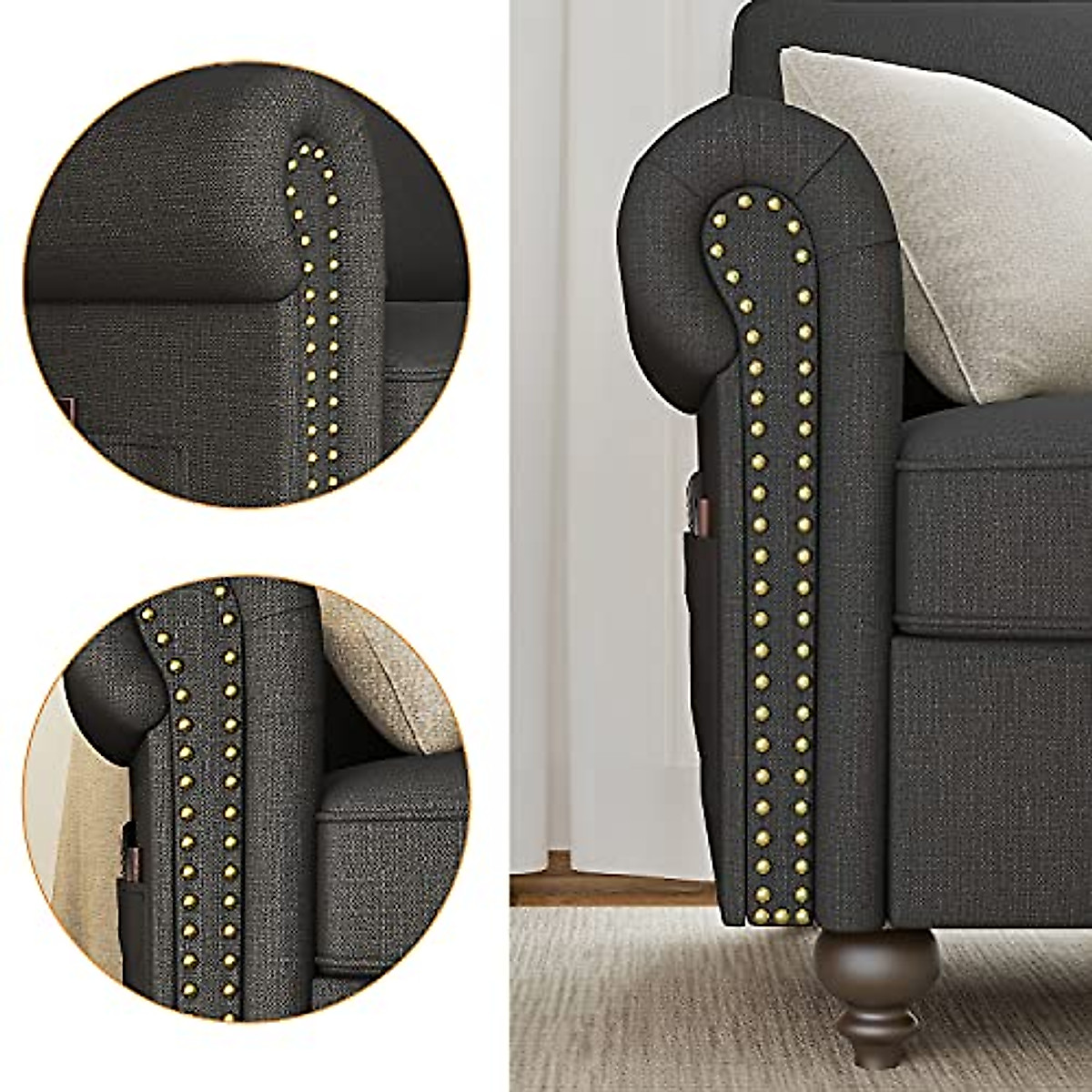 Nolany 3 Seater Sofa Linen Fabric Couch with Reversible Back Cushions Upholstered Sofa 3-Seat Couch for Small Space, Dark Grey