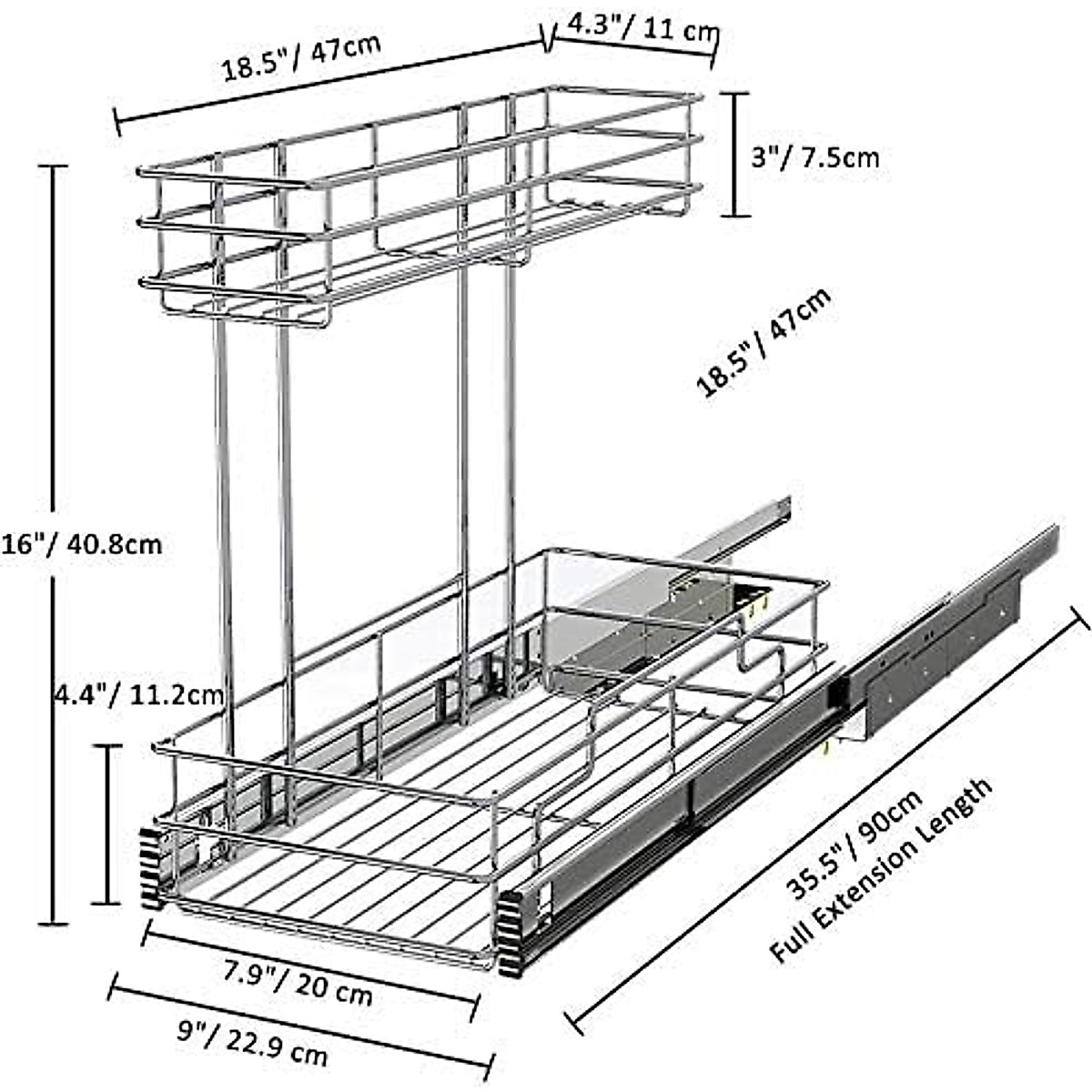 STORKING 2 Tier Under Sink Pull Out Cabinet Organizer Slide Wire Shelf Basket for Kitchen Base Cabinets 9" W 17" D 16" H (17D,2pcs)