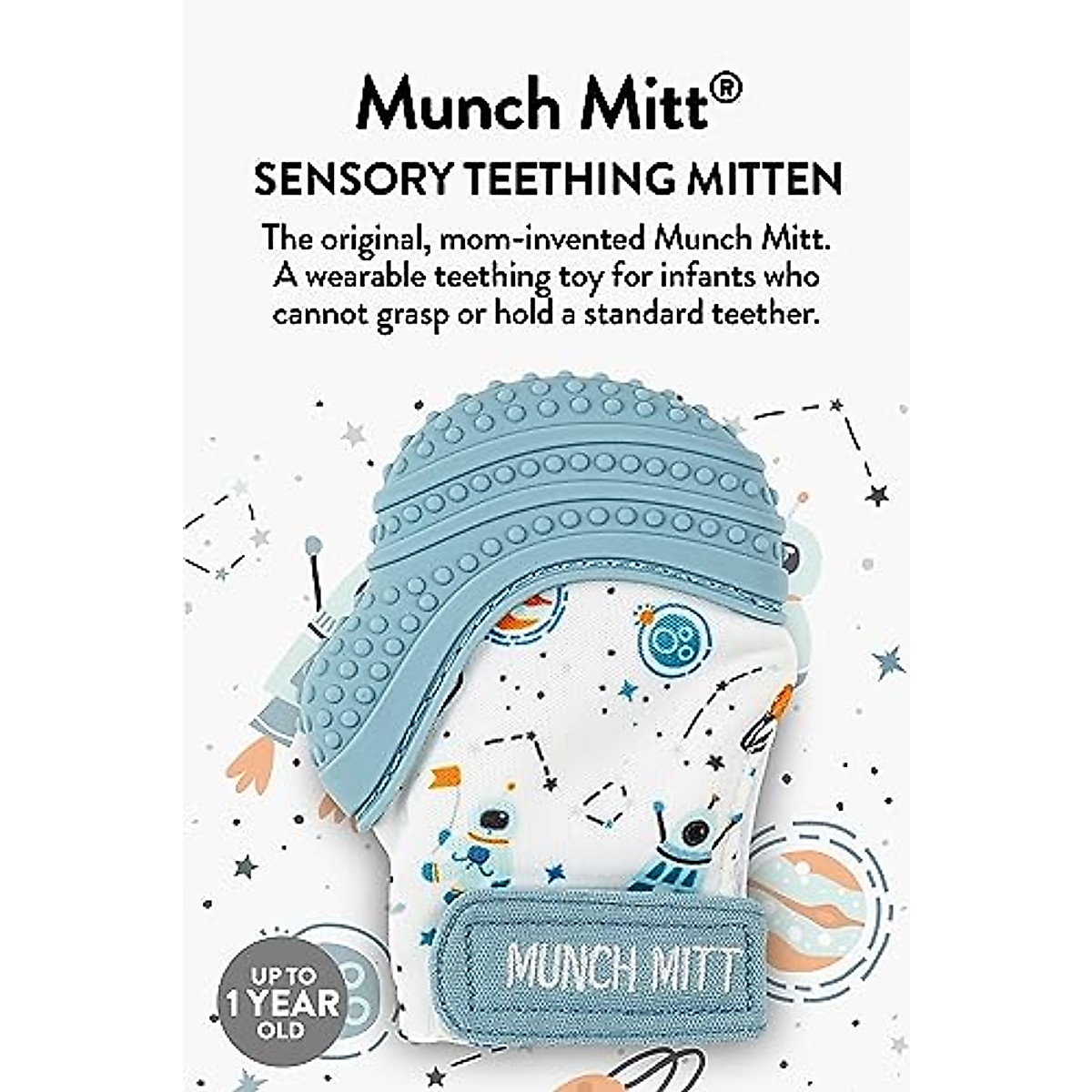 Malarkey Kids Patented Teething Mitten, Munch Mitt Baby Chew Toy - Protects Hands from Chewing & Saliva, Heals Aching Gums, Promotes Sound & Visual Stimulation for Babies - Outer Space